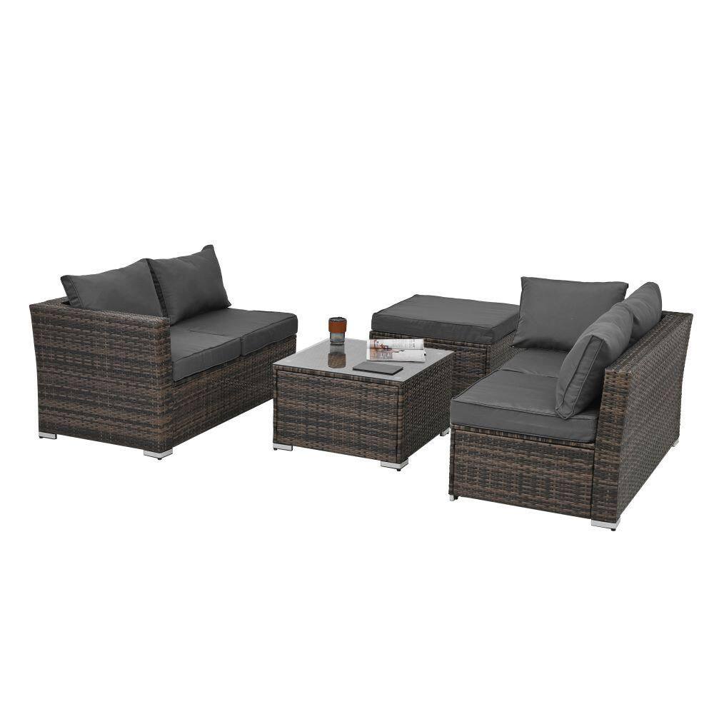 Sudzendf 4-Piece Wicker Outdoor Sectional Seating Set with Dark Gray ...