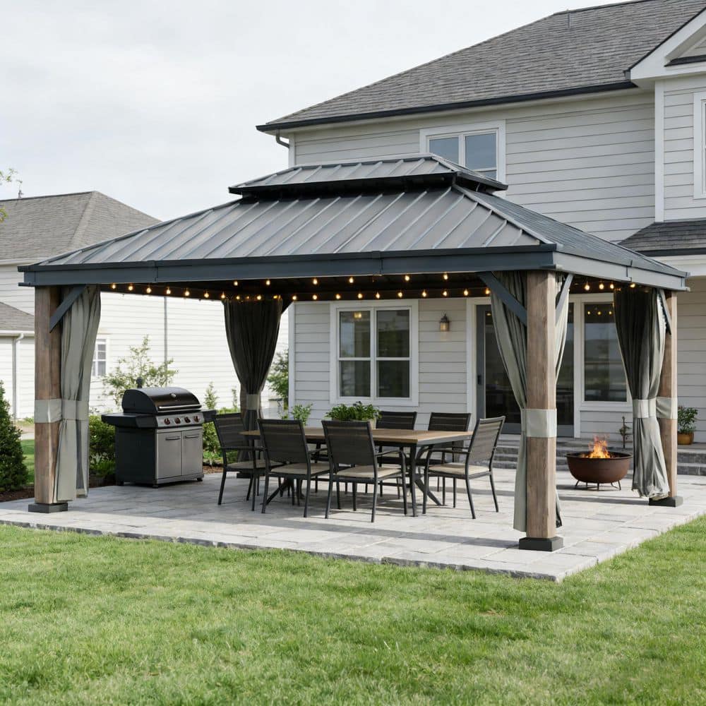 MeetLeisure 16 ft. x 12 ft. Wood Grain Hardtop Gazebo with Double ...