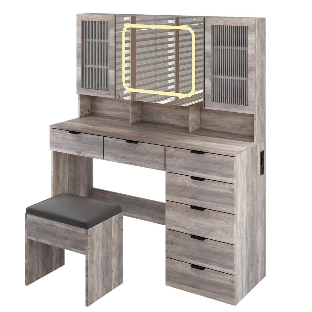 Karl home 2-Piece Gray Makeup Vanity Set with Mirror Cabinet ...