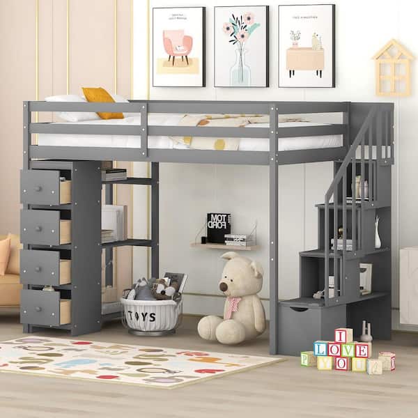 Polibi Gray Twin Size Wood Loft Bed with Storage Drawers and Stairs, Wooden Loft Bed with ...