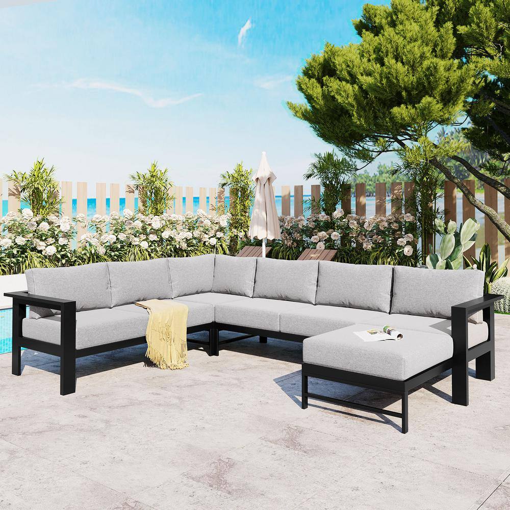 Harper & Bright Designs Black Aluminum U-shaped Outdoor Sectional Set ...