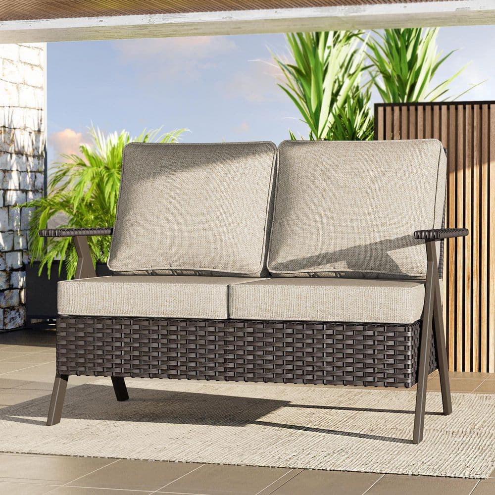 Gardenbee R-Shaped Armrest Brown Wicker Outdoor Patio Couch with Beige ...