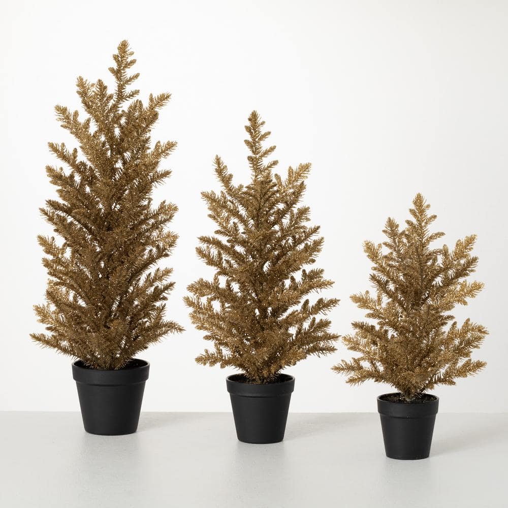 SULLIVANS 24.5 in. 20 in. and 16 in. Potted Gold Pine Tree Set of 3 ...
