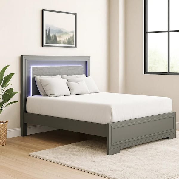Benjara Aliso Gray Wood Frame Full Panel Bed with LED Panel Headboard ...
