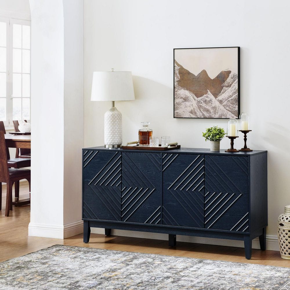 anpport Farmhouse Antique Blue Wood 60.5 in. Sideboard with Geometric ...