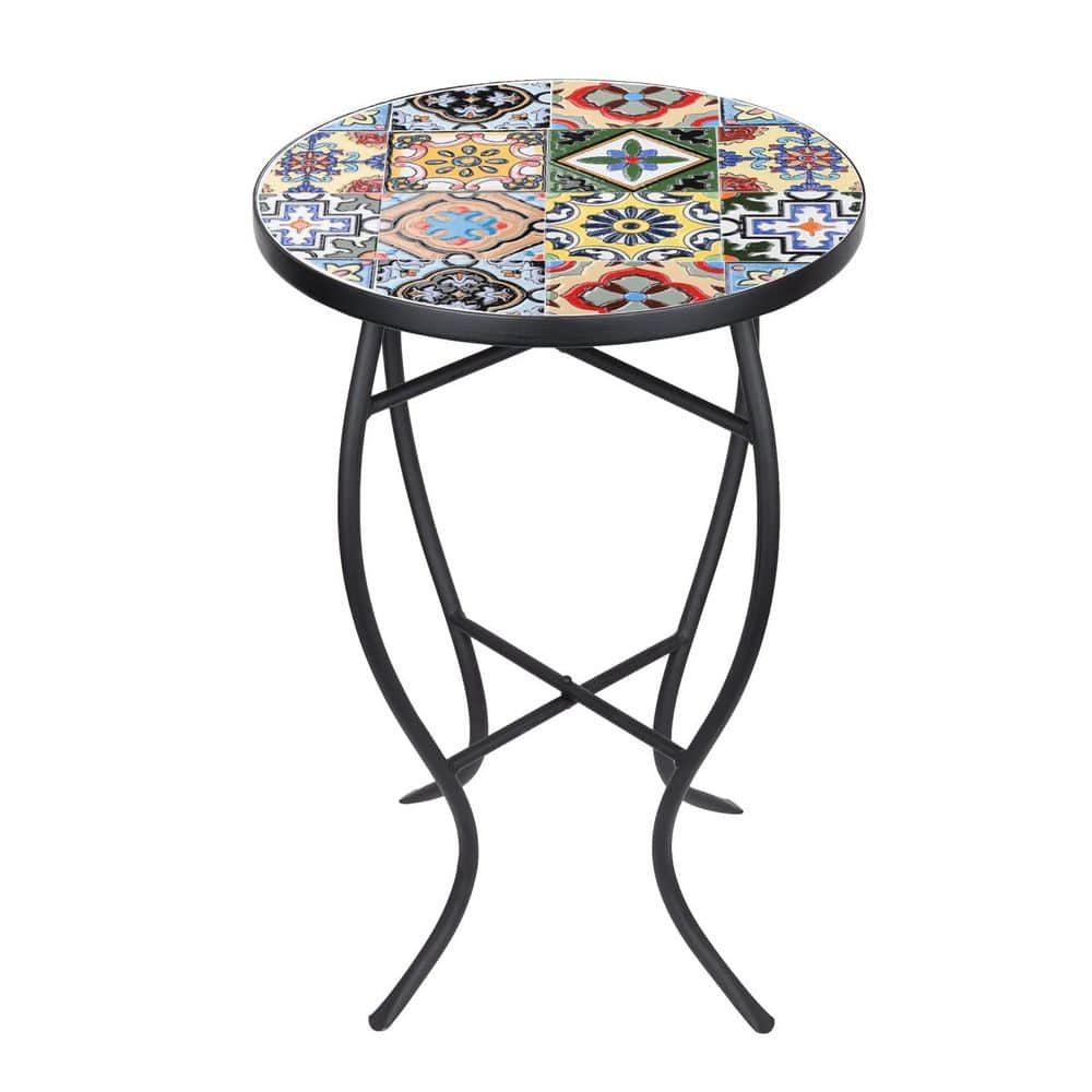 MOEPISY Mosaic Side Table, 21 in. Round End Table with 14 in. Ceramic ...