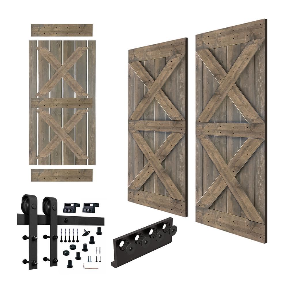 Akicon 76 in. x 84 in. Briar Smoke Painted Wood Sliding Door with ...