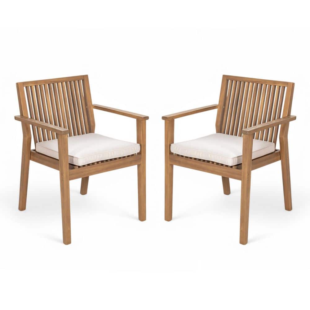 Brown Acacia Wood Outdoor Dining Chair with Beige Cushions, Patio ...