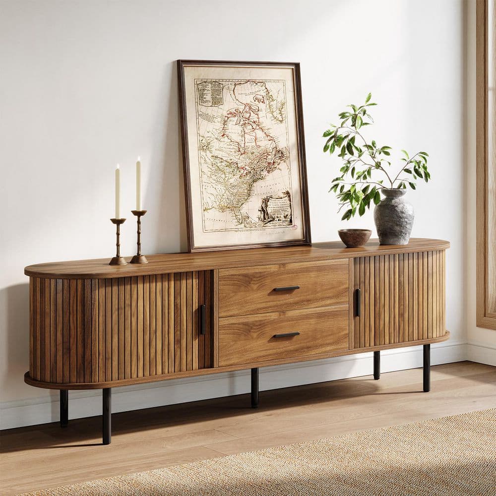 BYBLIGHT Turrella 70.8 in. Walnut Oval Wood Console Table with Sliding ...
