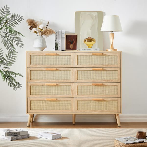 Unbranded 47 in. W x 16 in. D x 37 in. H Beige Linen Cabinet Bedroom Dresser 8 Double Dresser with Rattan Drawers Wood Chest LM W1162P190402