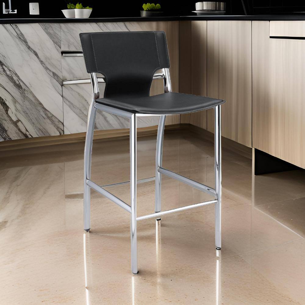 Benjara 29 in. Gray and Chrome Low Back Metal Frame Bar Stool with Faux ...