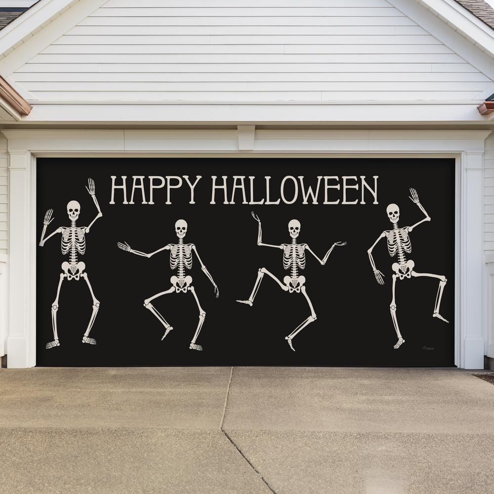 My Door Decor 7 ft. x 16 ft. Happy Halloween Skeletons Garage Door Decor Mural for Double Car ...