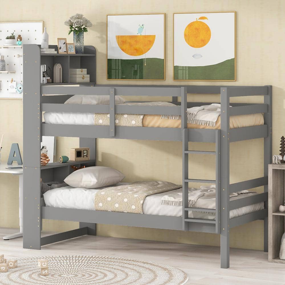 Polibi Grey Twin Over Twin Bunk Beds with Bookcase Headboard, Solid ...