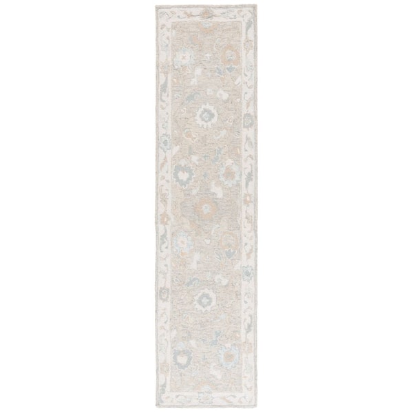 SAFAVIEH Ebony 2 ft. x 11 ft. Light Gray/Ivory Floral Border Runner Rug ...