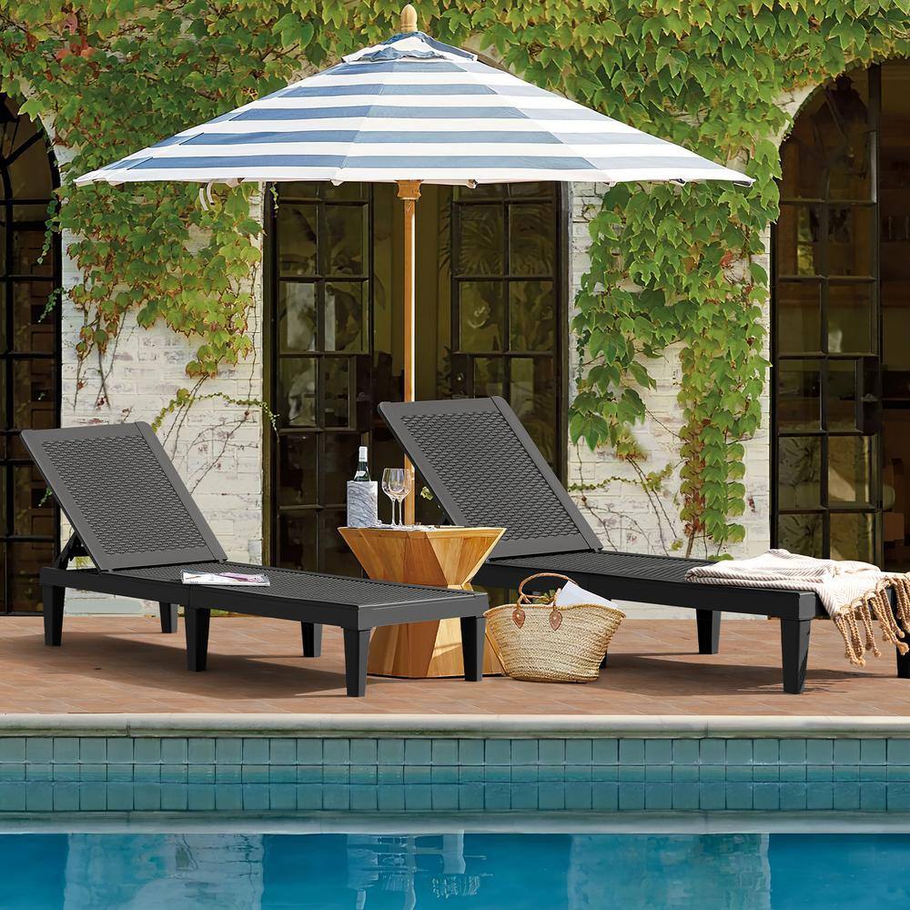 Tozey Black Resin Outdoor Chaise Lounge Set of 2 Waterproof Plastic ...