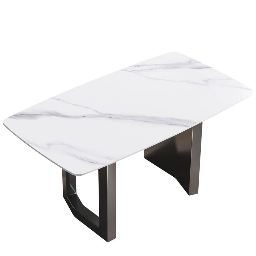 Magic Home 63 in. Round Edge Sintered Stone White Rectangle Top Double ...