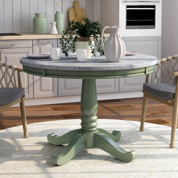 Furniture of America Tatine 42 in. Round White and Olive Faux Marble ...