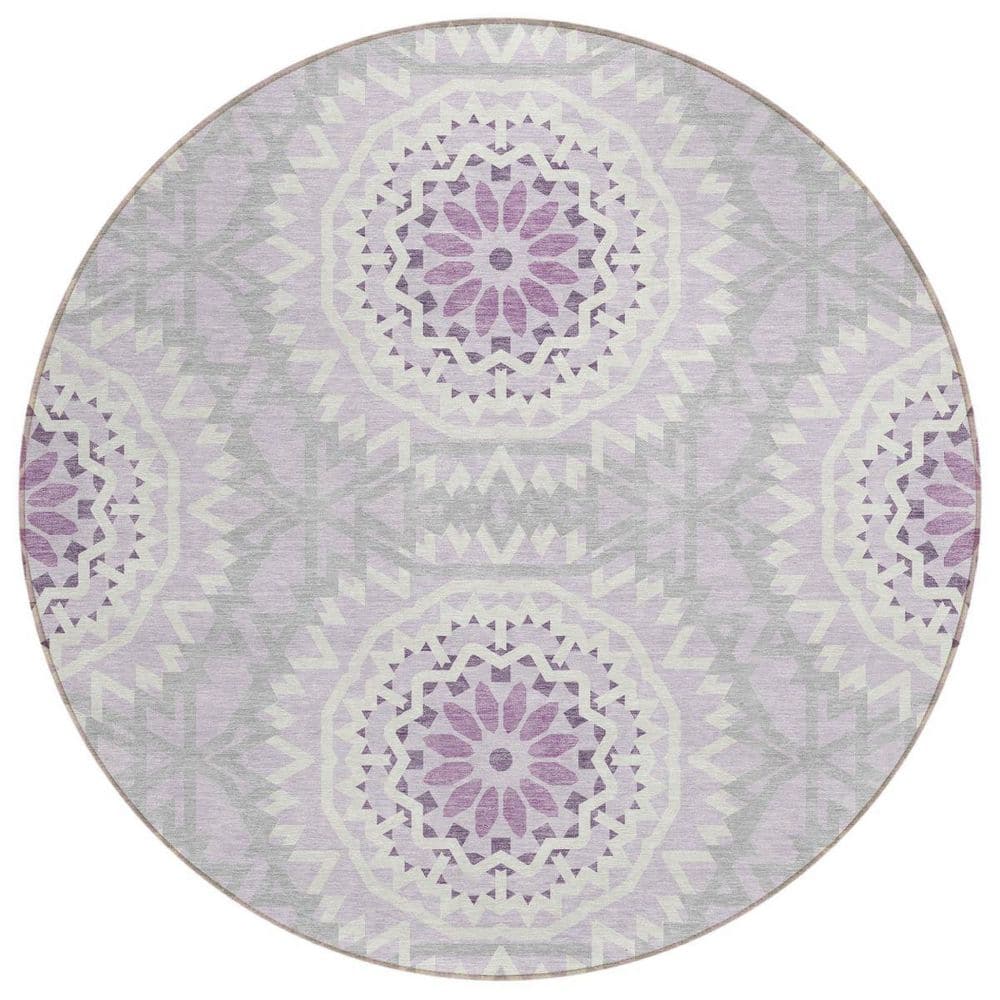 HomeRoots Lilac, Purple, Ivory 8 ft. Round Woven Floral, Medallion ...