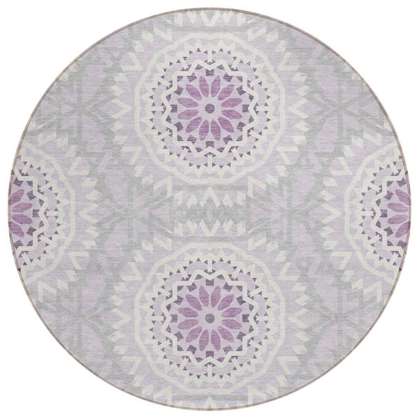 HomeRoots Lilac, Purple, Ivory 8 ft. Round Woven Floral, Medallion ...