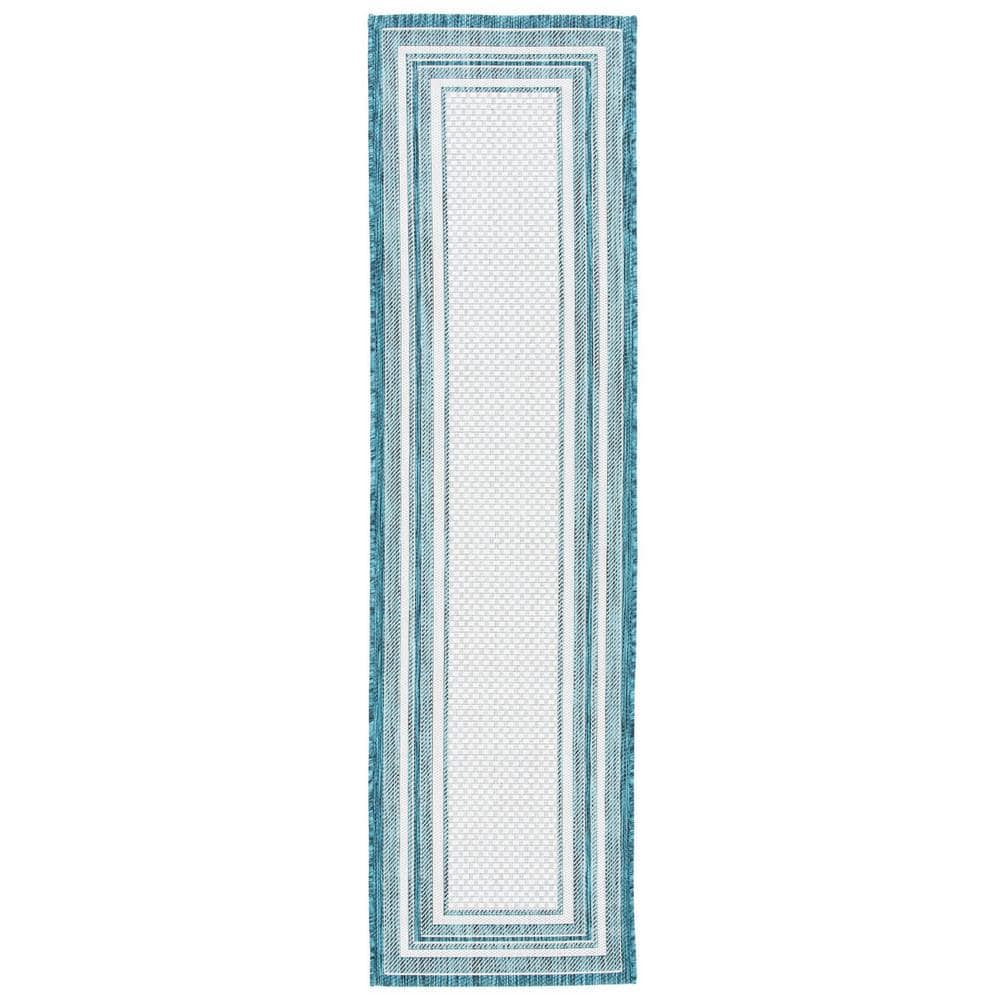 SAFAVIEH Courtyard Ivory/Teal 2 ft. x 7 ft. Solid Color Striped Indoor ...