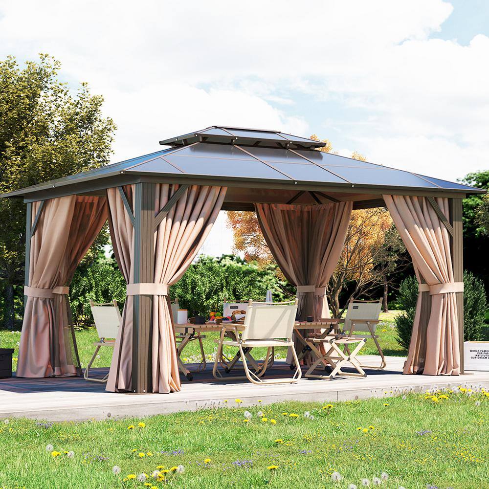 Sizzim 10 ft. x 12 ft. Hardtop Outdoor Double Roof Gazebo with Netting ...