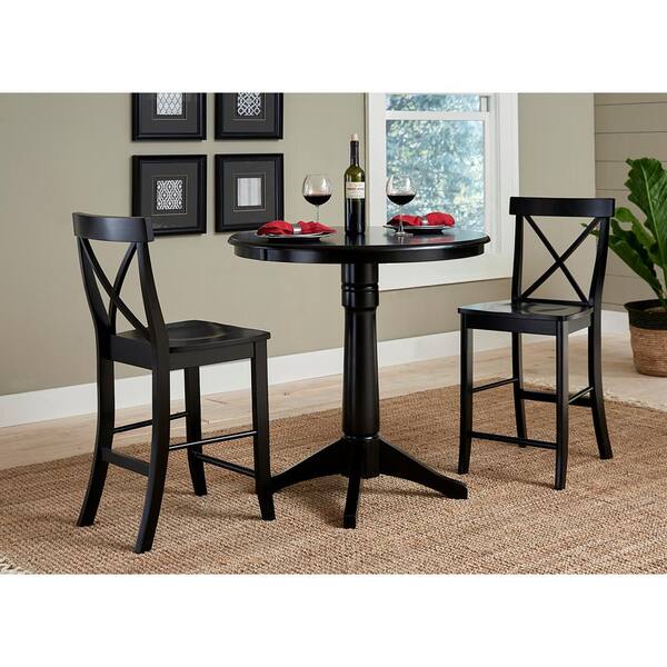 International Concepts 3 Piece Set Olivia Black 30 in Round Solid Wood Counter height Dining Table and 2 Alexa Armless Stools K46 36RT 27B S6132 2