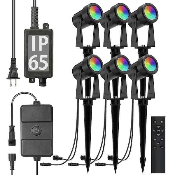 120V Black Plug in Outdoor Spotlight with Remote, RGBW Color Changing ...