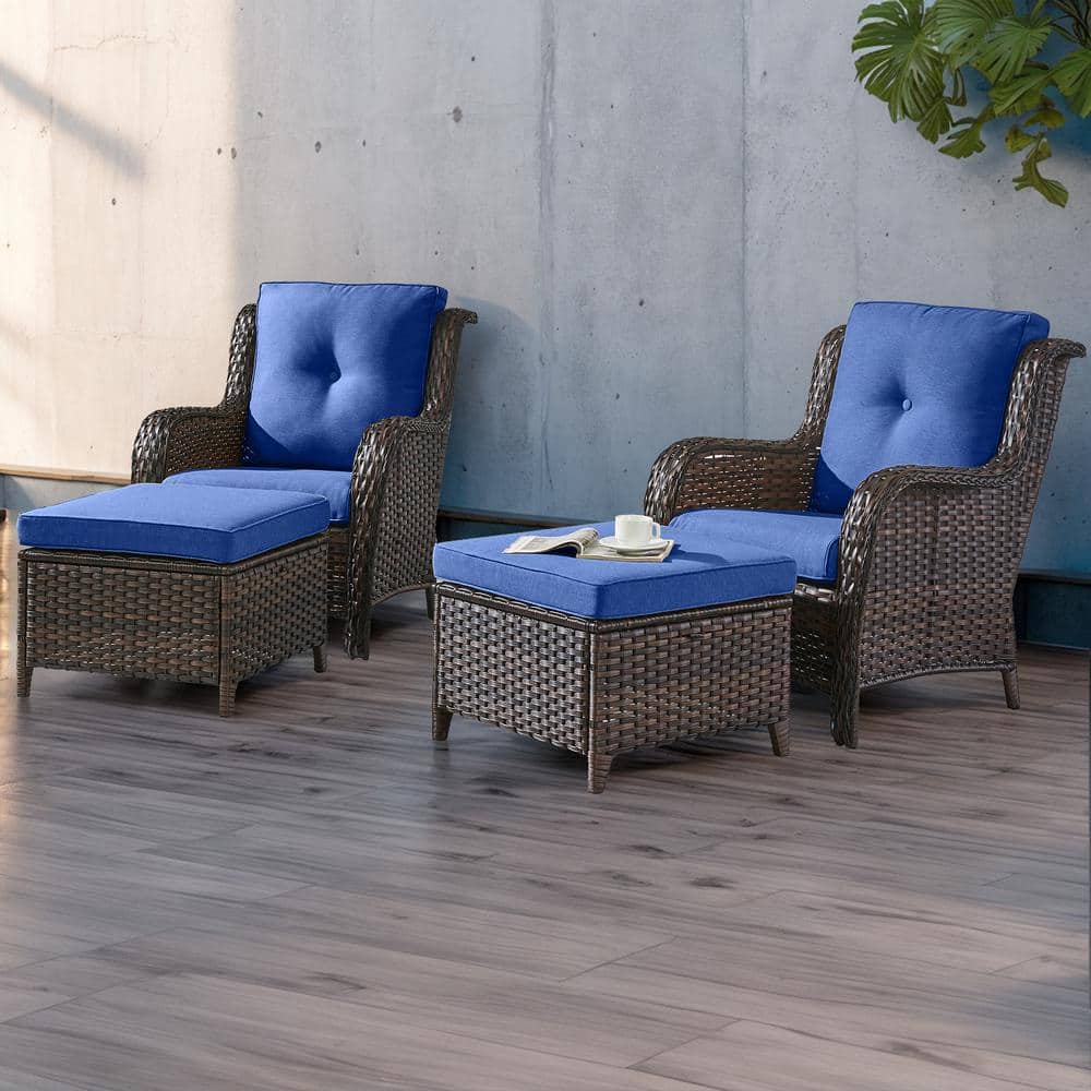 moosprr Arcline 4-Piece Patio Brown Wicker Outdoor Chat Sets with Blue ...