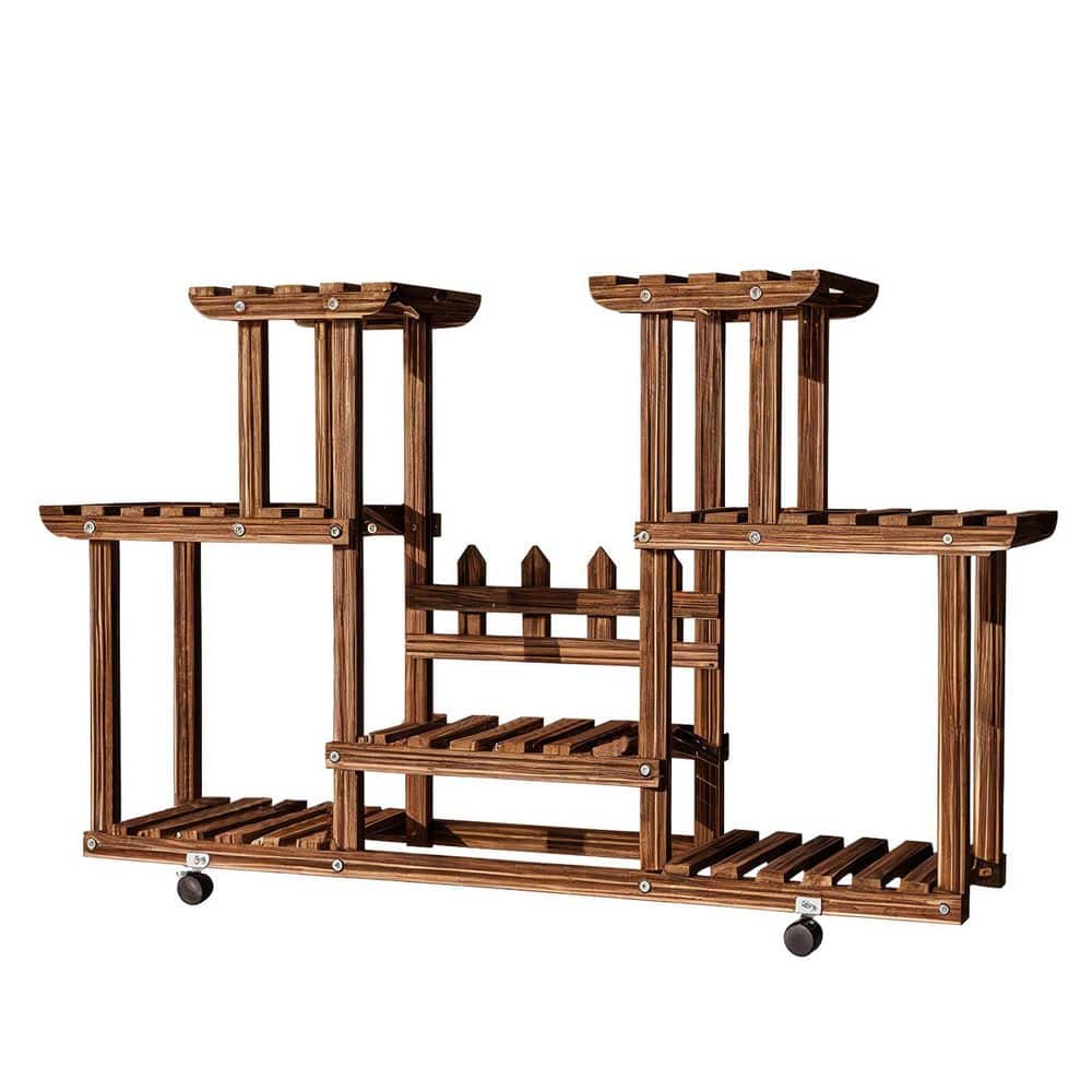 MoNiBloom 4-Tiers Carbonized Brown Wood Rolling Plant Stand with Tiered ...