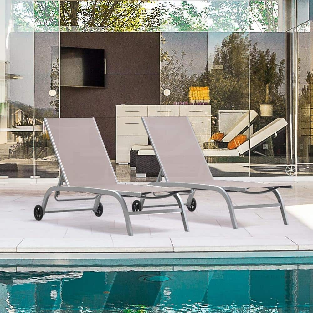 Runesay 2-Piece Khaki Aluminum Outdoor Patio Chaise Lounge Pool ...