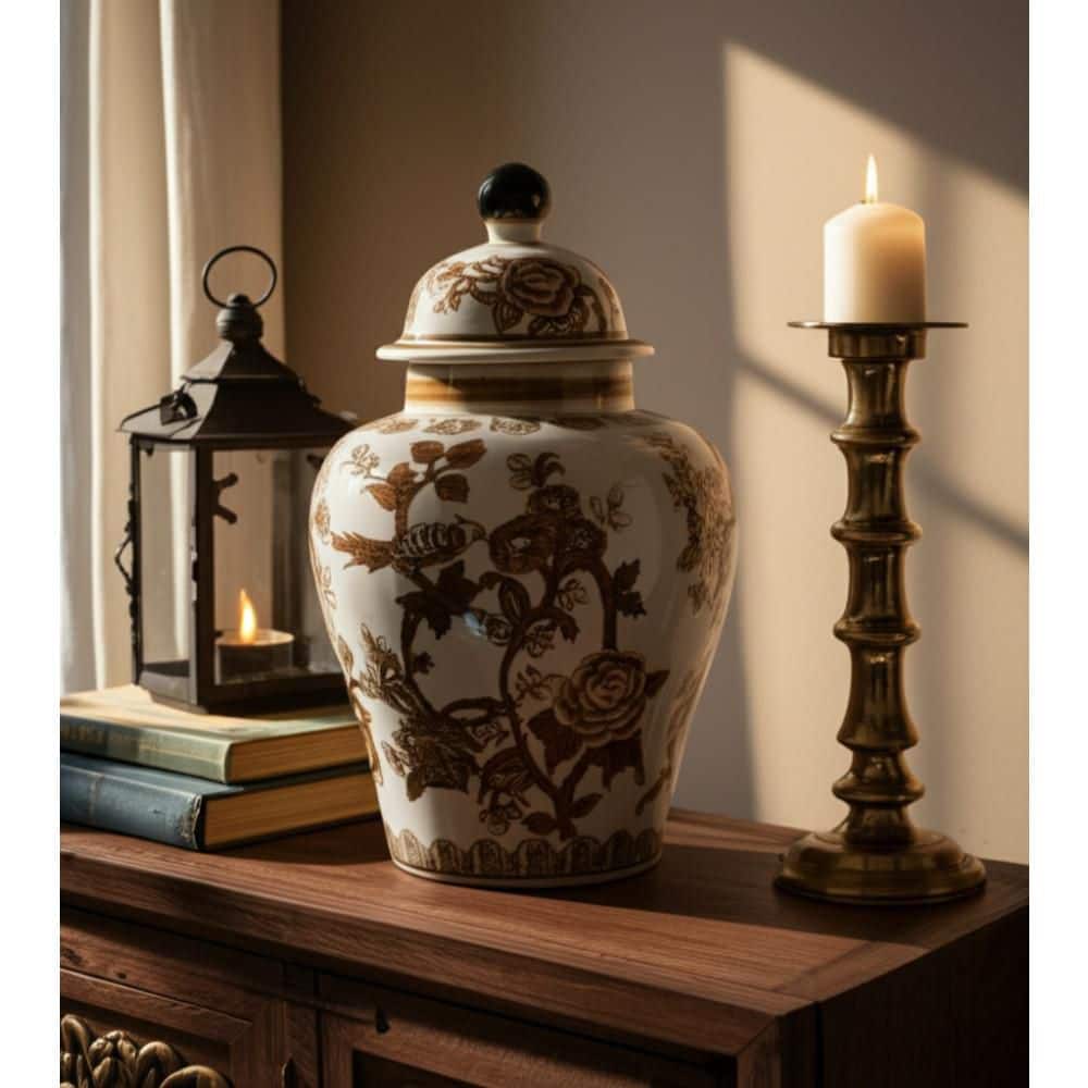 Liv & Skye Brown 11.75 in. Ceramic Chinoiserie Bird and Vines Temple ...