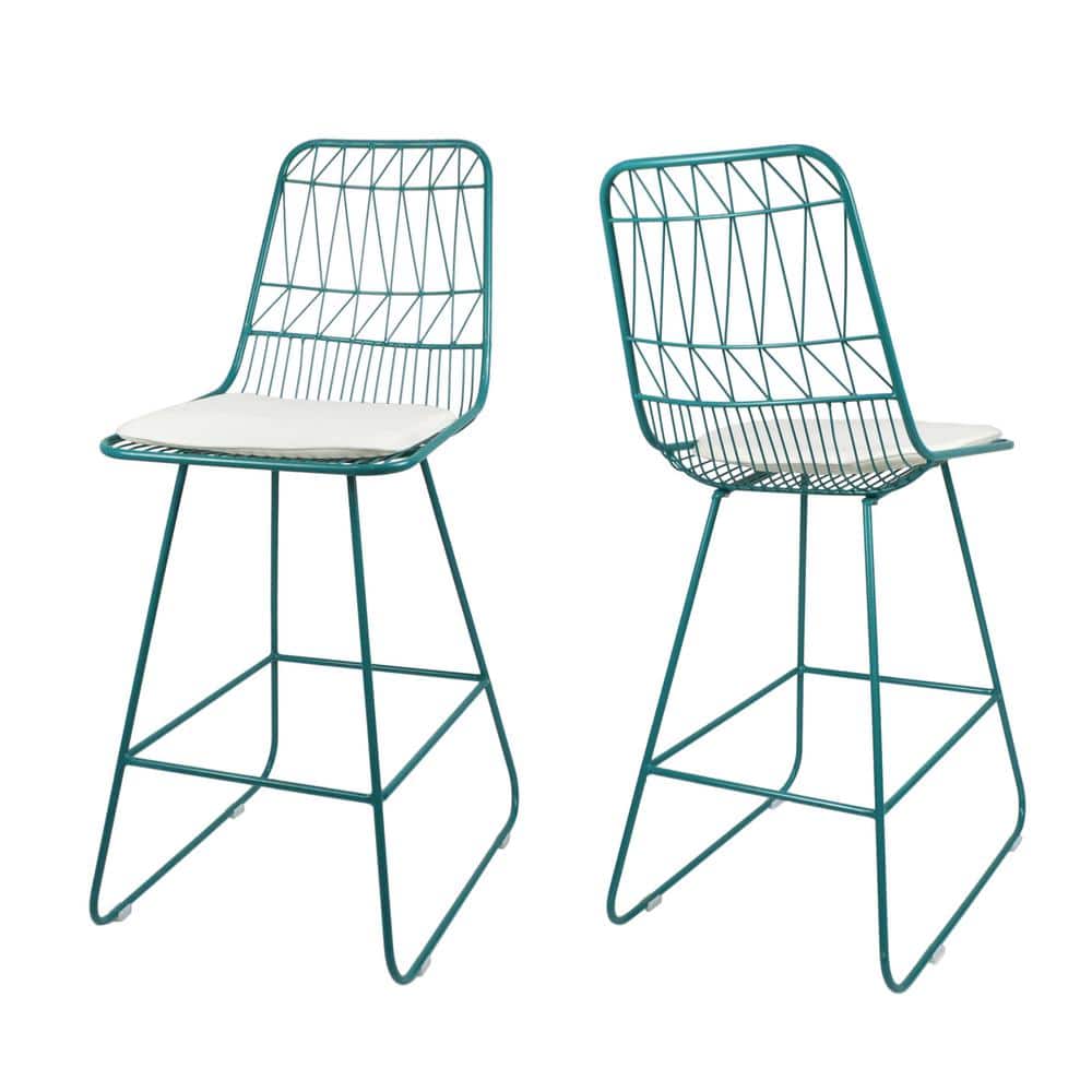 Noble House Walcott 42 in. Teal Bar Stool with Ivory Cushions (Set of 2 ...