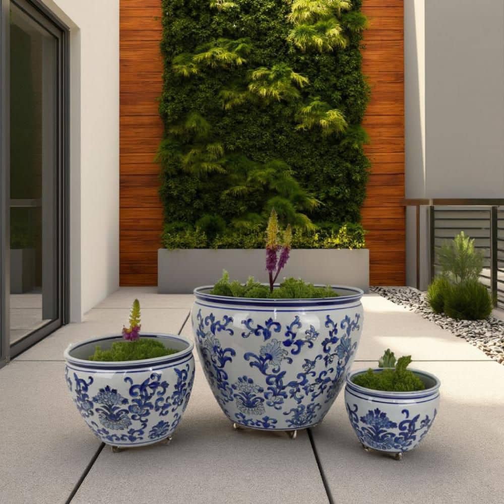 Benjara Hely Blue and Off White Indoor/Outdoor Ceramic Floral Vine ...