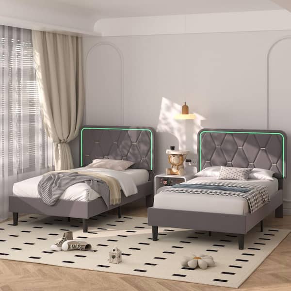 Upholstered Bed Twin Smart LED Bed Frame with Adjustable Gray Headboard Platform Bed with Solid Wood Slats Support