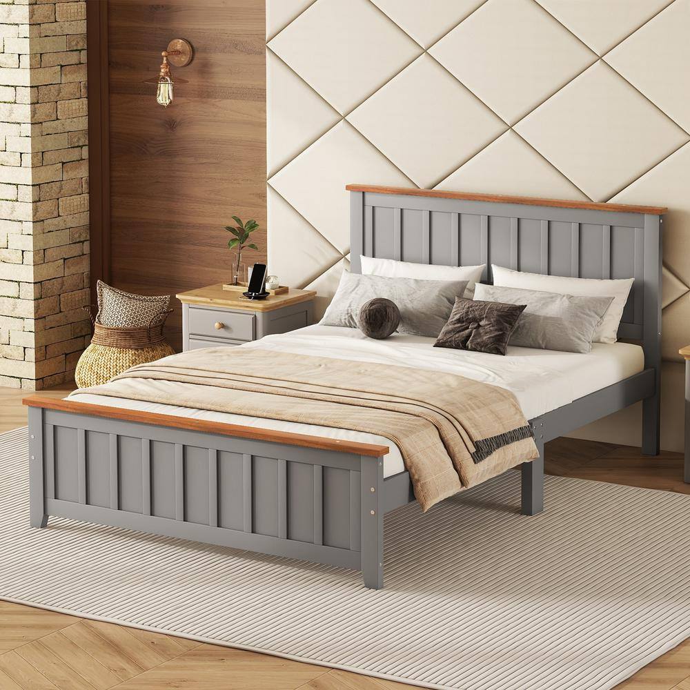 Gray Wood Frame Full Size Vintage Platform Bed with Rectangular Headboard and Footboard