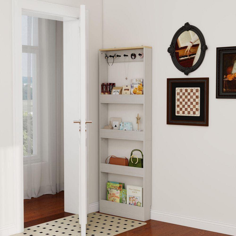 Otryad 69 in. Tall Bookcase with 4-Shelves and 5-Hooks Wall Mounted ...