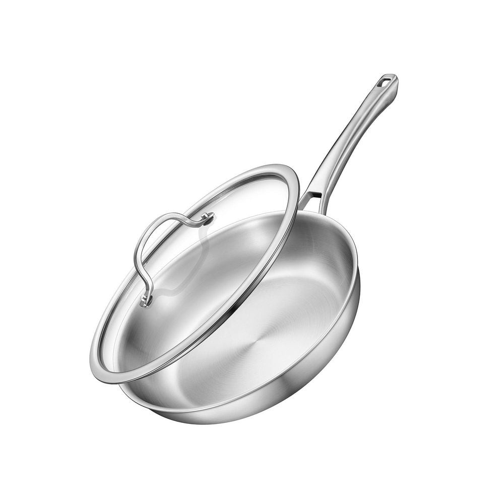 Numhew 12 in. Silver Tri-Ply Stainless Steel Frying Pan with Lid, PFOA ...