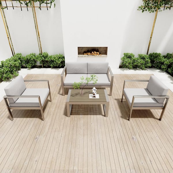 OLUMAT 4-Piece Aluminum Patio Conversation Set with Gray Cushions and A ...
