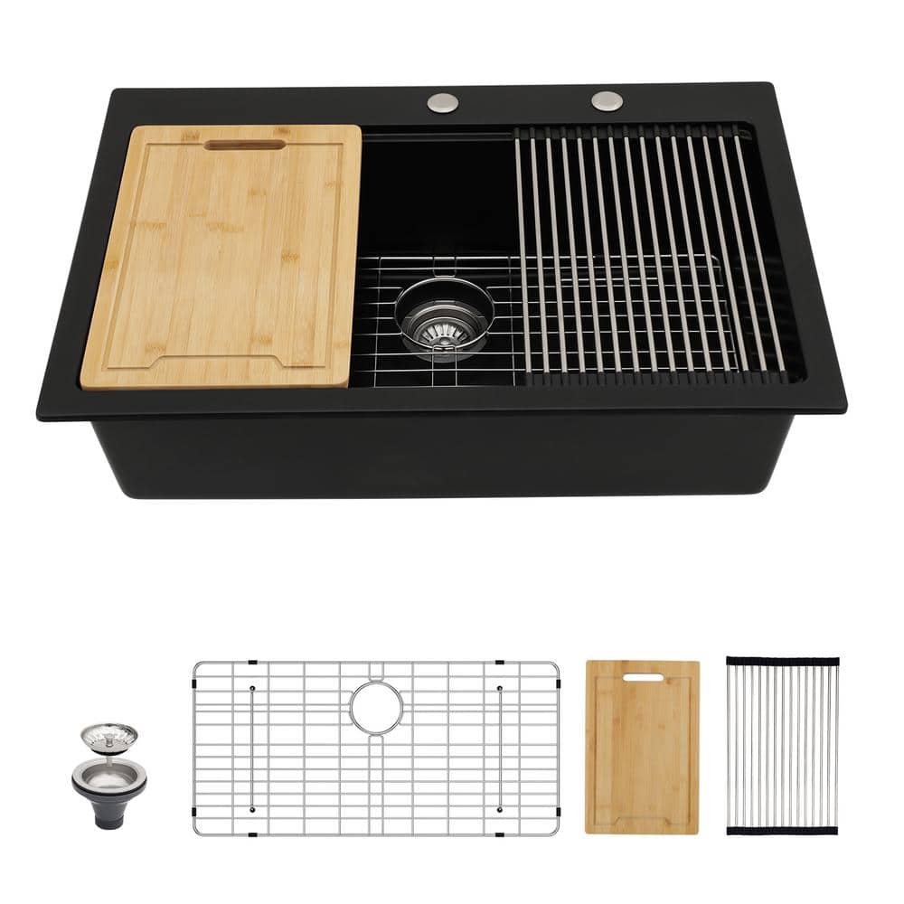 Sarlai 33 in. Drop-in/Top Mount Deep Single Bowl Black Granite ...