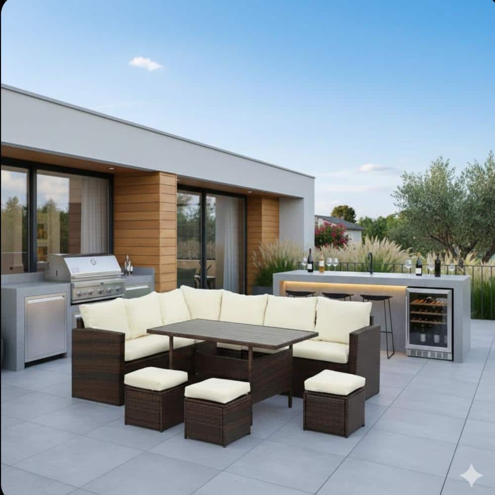 Cesicia Brown 7-Piece Wicker Outdoor Sectional Sofa Set with Table and ...