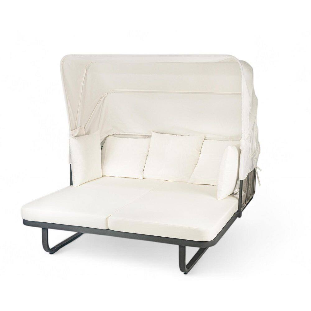 57 in. Metal Outdoor Patio Day Bed Rattan Sunbed with Beige Cushions ...
