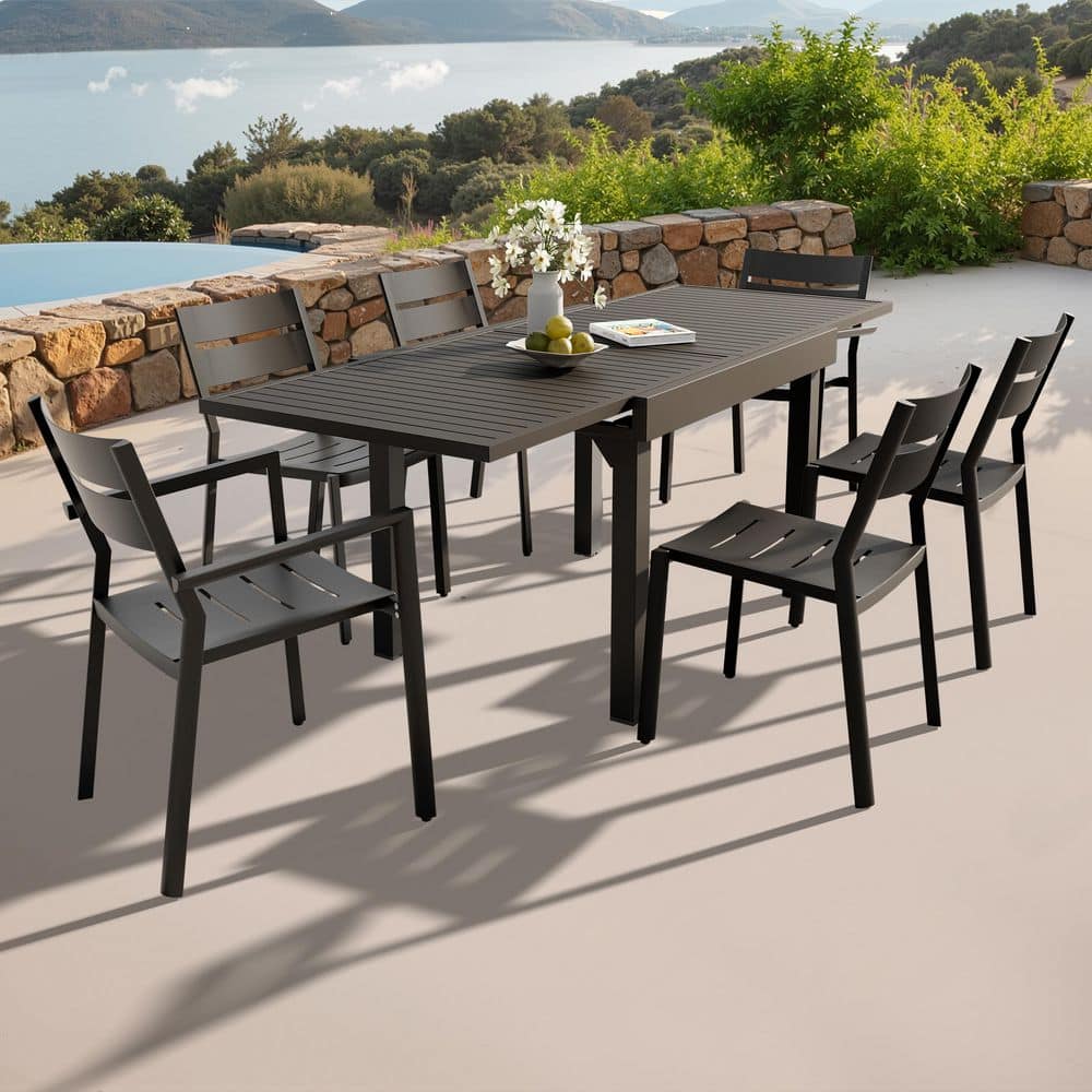 CLOUDFLY Aluminum 7-Piece Outdoor Dining Set with 82. 68 in. Expandable ...