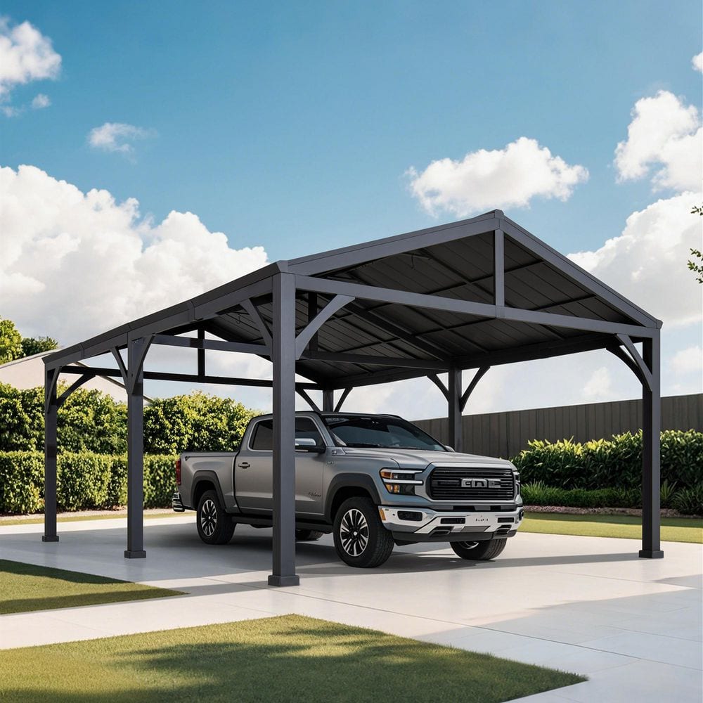 Sunjoy 20 ft. W x 14 ft. D x 10 ft. H Newville Steel Frame Carport with ...