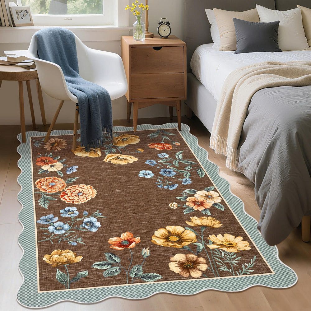 Coffee 5 ft. x 7 ft. Floral Scalloped Rug Low Pile Non-Slip Polyester ...