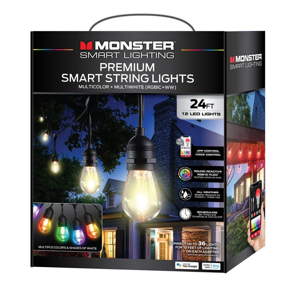Monster 12-Light Dimmable Integrated LED Multicolor Smart String Lights ...