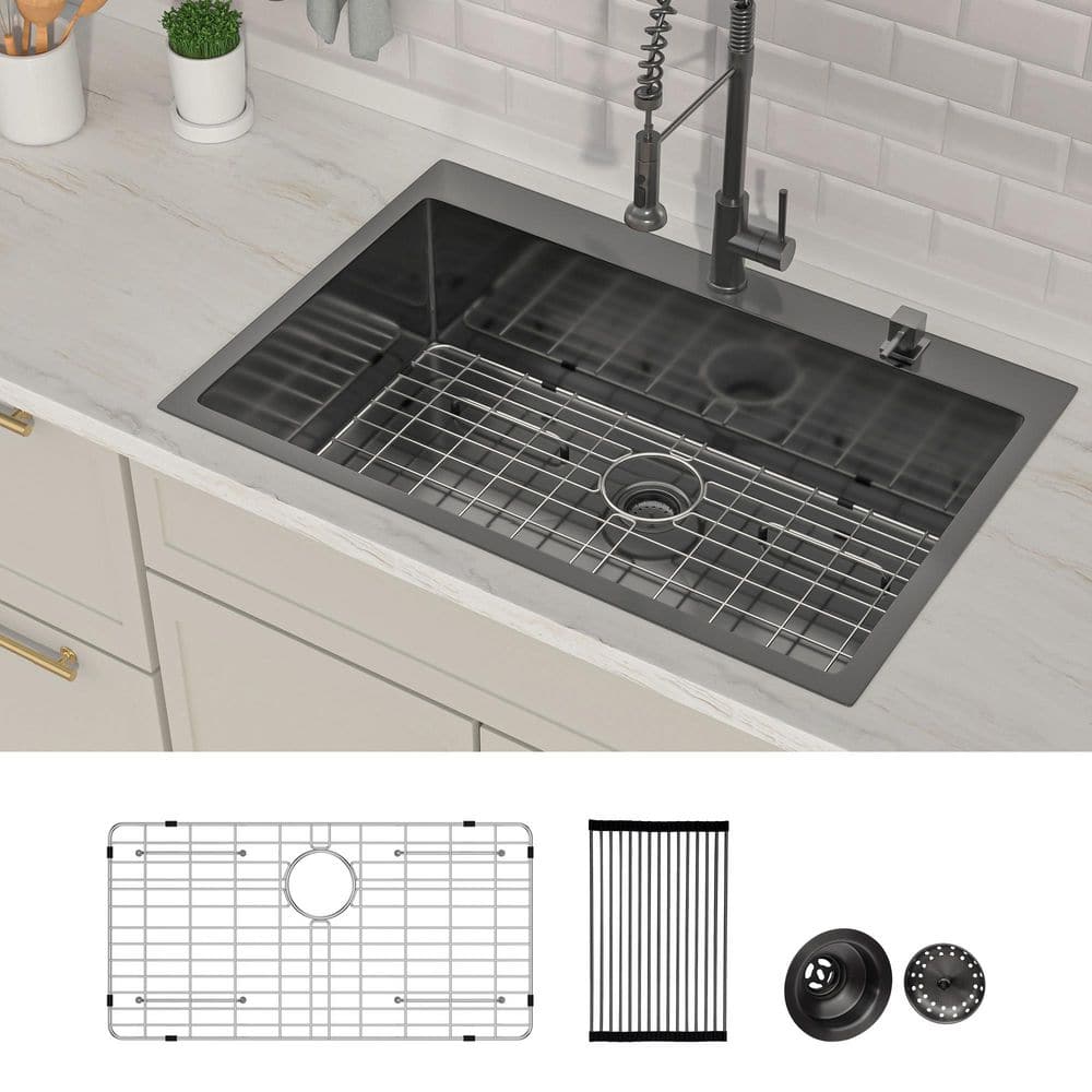 LORDEAR 30 in. x 20 in.Gunmetal Black Single Bowl Drop-In 16-Gauge ...