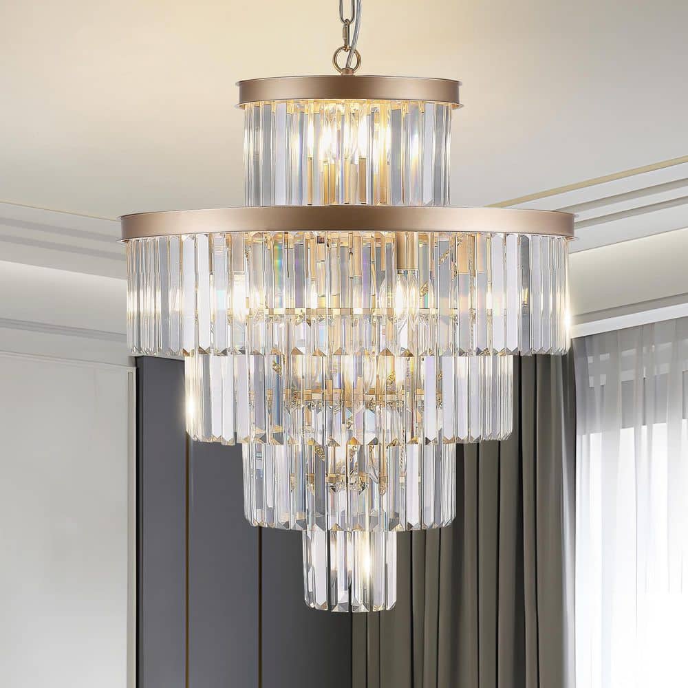 JUSHENG 15-Light Gold 5-Tier Luxury Crystal Chandelier Ceiling Lighting ...