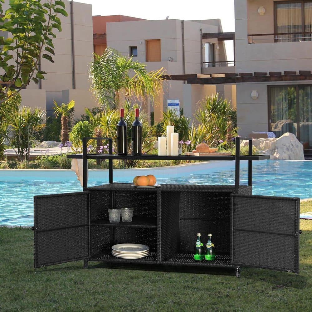 YLLN Black Wicker Outdoor Bar Cart with Lockable Wheels, Rolling Rattan ...