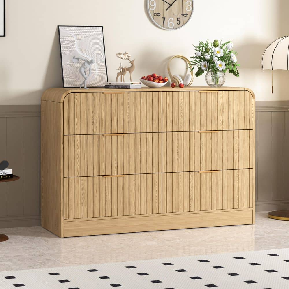 VEIKOUS 47.3 in. W Wood Color 6-Drawer Chest of Drawer Dressers with ...