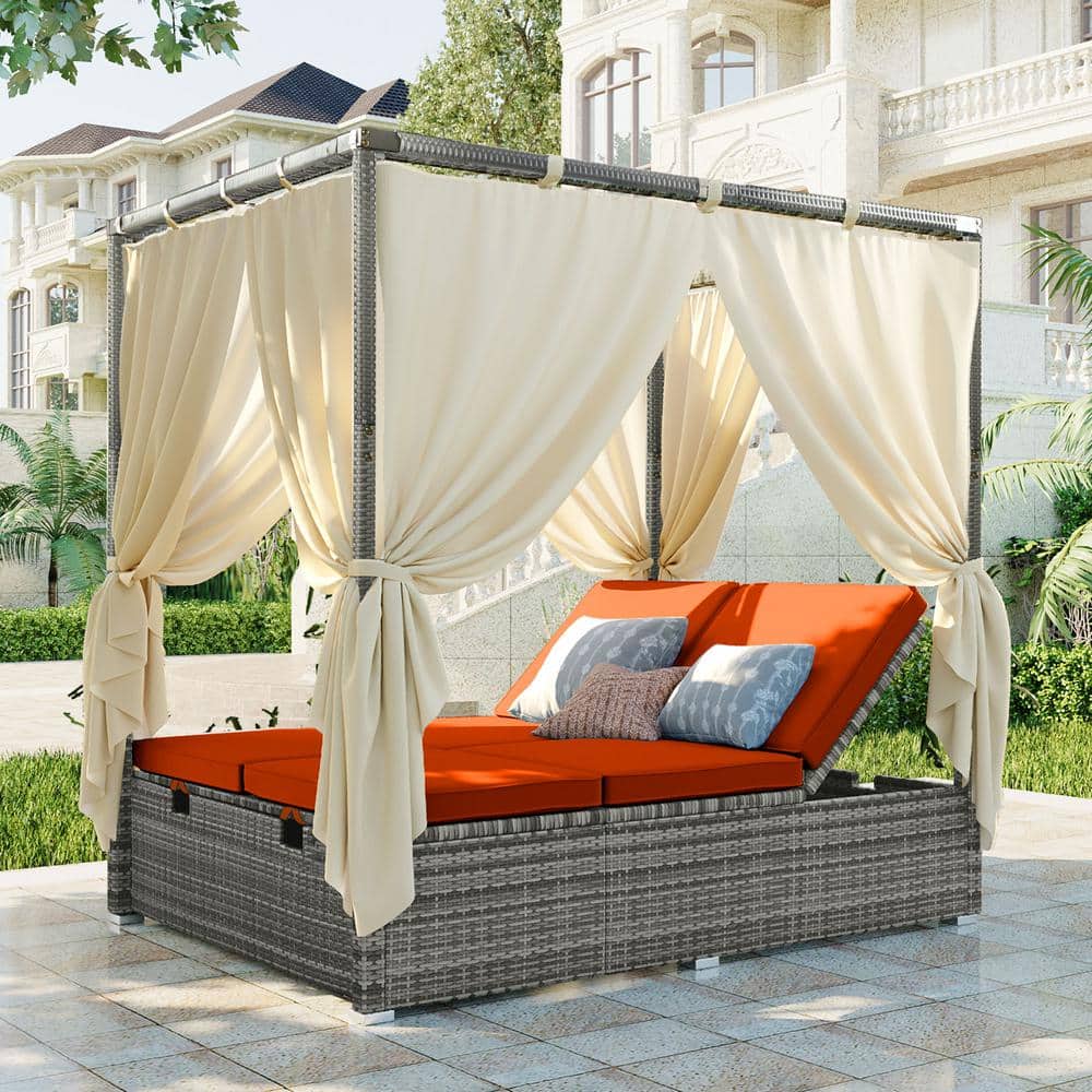 Harper Bright Designs Gray Wicker Outdoor Day Bed with Orange Cushions with Canopy WYT025AAO The Home Depot